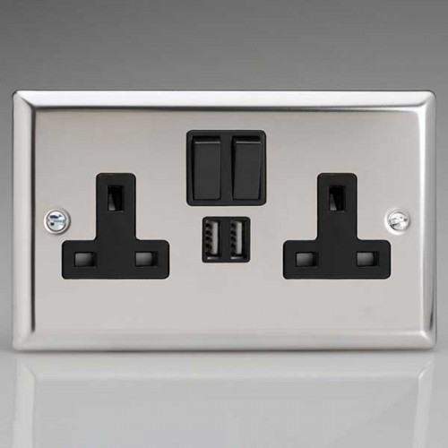 Varilight 2 Gang 13A Switched Socket, Dual USB Ports (XC5U2SB) | UKES