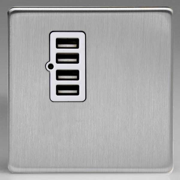 Varilight Screwless Brushed Steel 1 Gang Plate with Quad USB Ports and ...