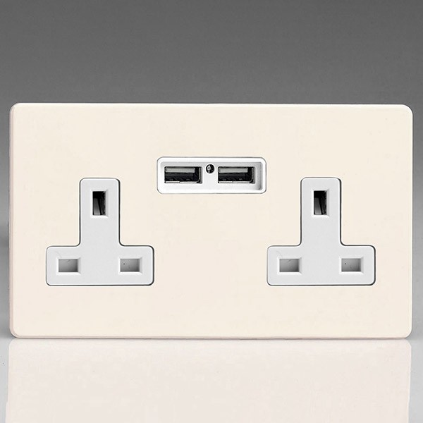 Varilight Screwless Primed 2 Gang 13A Unswitched Socket with Dual USB ...