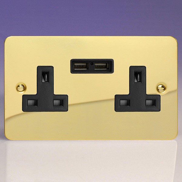 Varilight 2 Gang 13A Unswitched Socket, USB Ports (XFV5U2B) | UKES