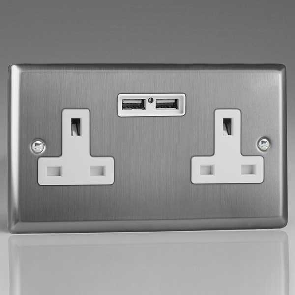 Varilight Classic Brushed Steel 2 Gang 13A Unswitched Socket with Dual ...