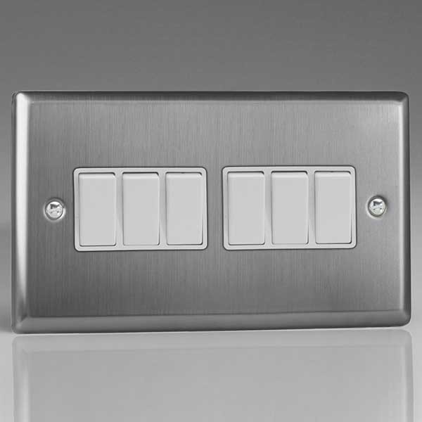 Varilight Classic Brushed Steel 6 Gang 10A 2 Way Switch with White ...