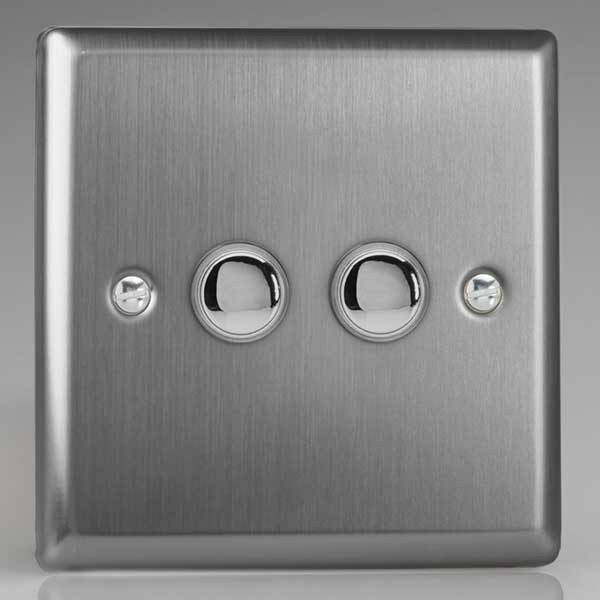 Varilight Classic Brushed Steel 2 Gang 6A 2 Way Push-On/Off Impulse ...