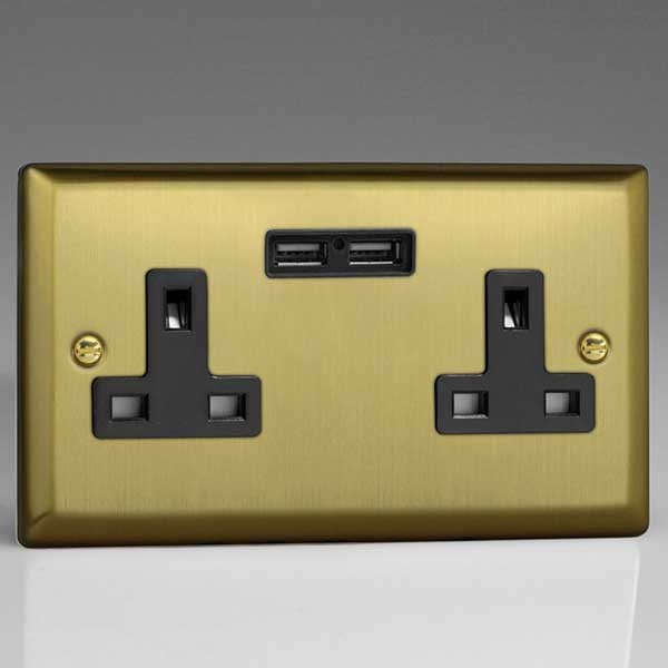 Varilight Urban Brushed Brass 2 Gang 13A Unswitched Socket with Dual ...