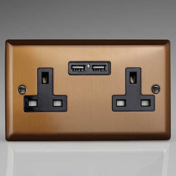 Varilight Urban Brushed Bronze 2 Gang 13A Unswitched Socket with Dual ...