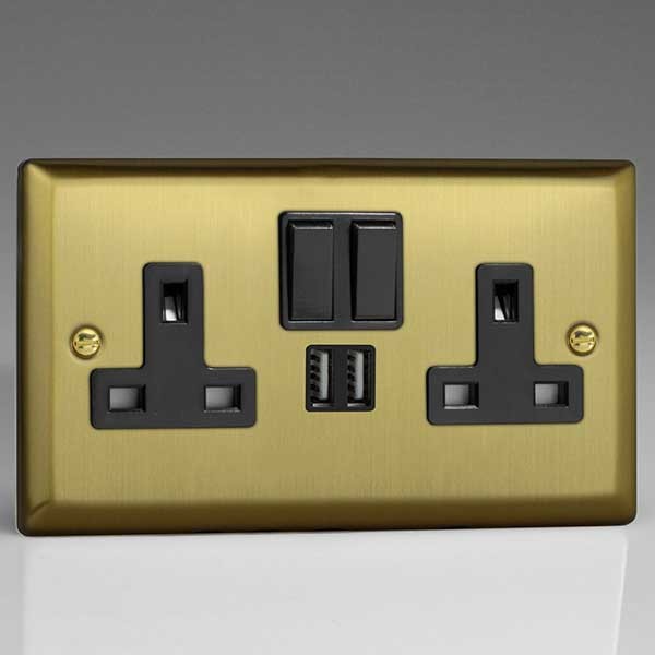 Varilight Urban Brushed Brass 2 Gang 13A Switched Socket with Dual USB ...