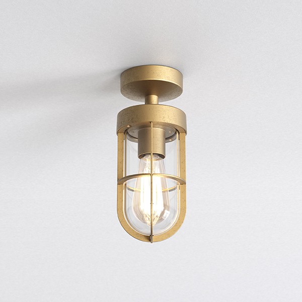 Astro Cabin Semi Flush Coastal Brass Outdoor Ceiling Light | UKES
