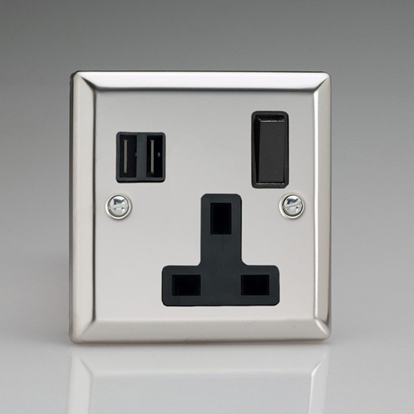Varilight Classic Mirror Chrome 1 Gang 13A Switched Socket with Dual ...