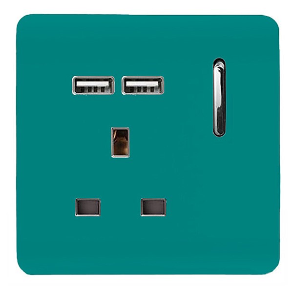 Trendi Bright Teal 1 Gang 13A Short Switched Socket with 2 USB Outlets ...