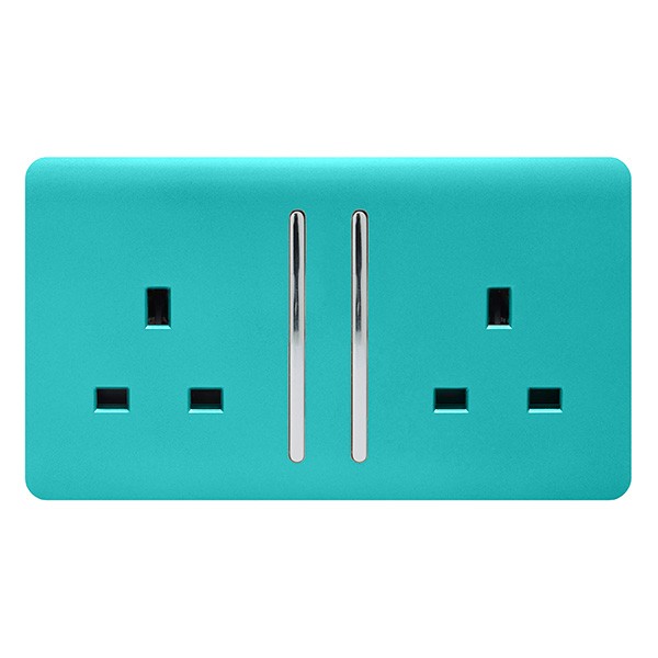 Trendi Bright Teal 2 Gang 13A Long Switched Socket | UKES