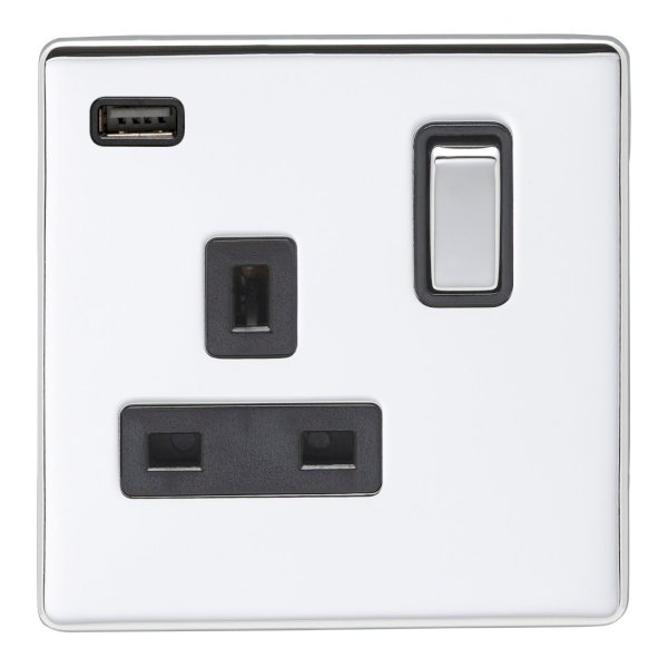 Eurolite Concealed 6mm Polished Chrome 1 Gang 13A Switched Socket with ...