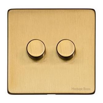 Heritage Brass Studio Satin Brass 2 Gang LED Dimmer with Satin Brass ...