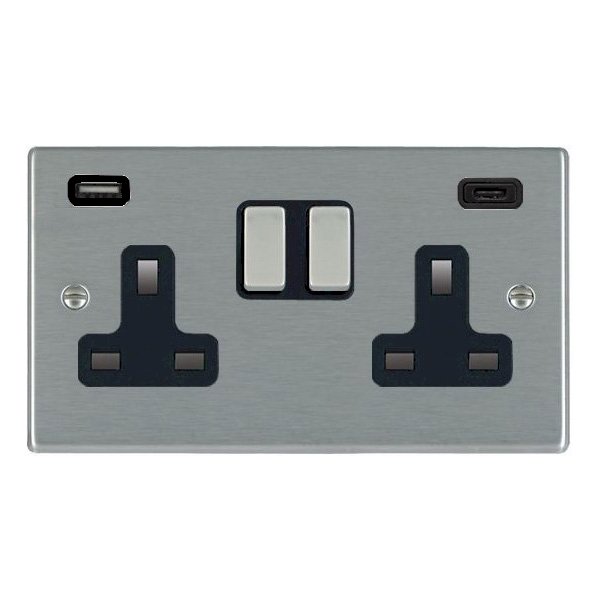 Hamilton Hartland Satin Steel 2 Gang 13A Double Pole Switched Socket, 2 ...
