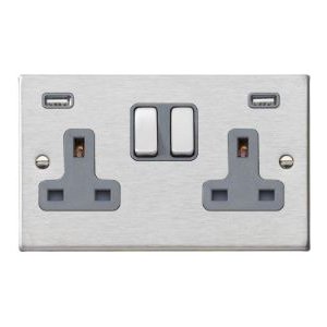 Hamilton Hartland Satin Steel 2 Gang 13A Double Pole Switched Socket ...