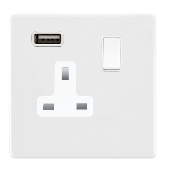 Hamilton Hartland CFX Colours Bright White 1 Gang 13A Single Pole Switched Socket and 2.1A USB ...