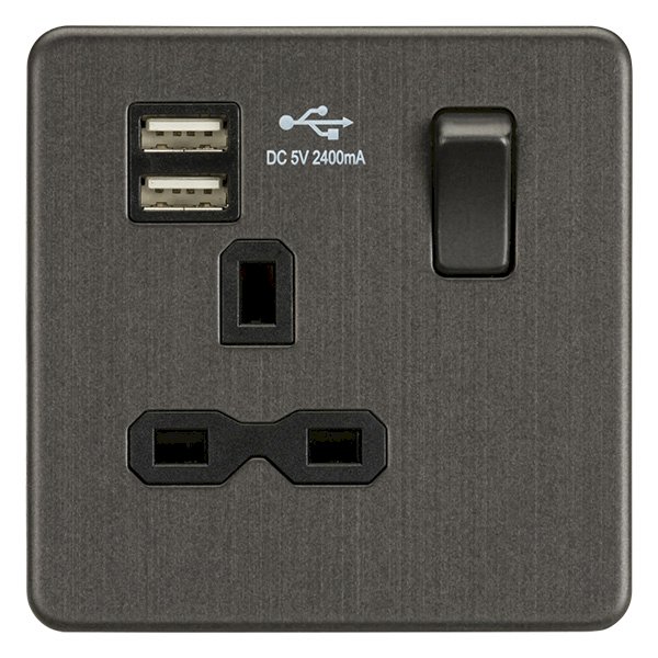 Knightsbridge 13A 1 Gang Socket, Dual USB Charger (SFR9124SB) | UKES