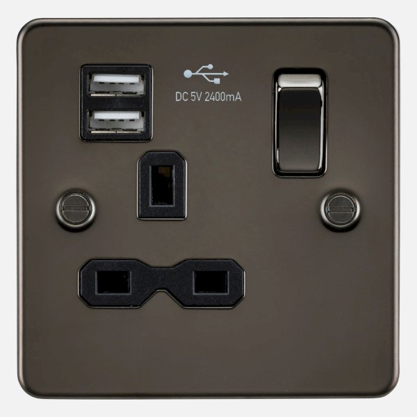Knightsbridge Flat Plate Socket w/ USB Outlets (FPR9124GM) at UKES
