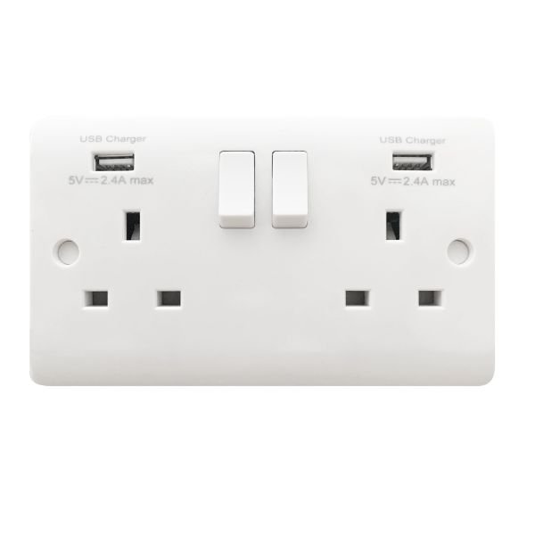 Hamilton Verve White 2 Gang 13A Double Pole Switched Socket, 2.1A USB ...